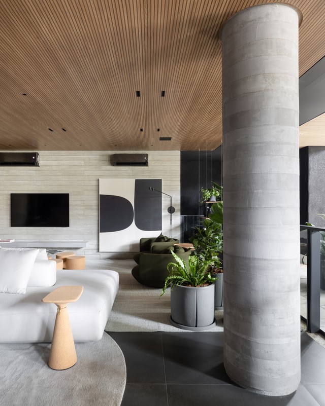 Décor do dia: living com pilar cilíndrico com textura em concreto ...