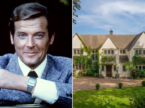 Mansão de Roger Moore, o eterno James Bond, com vista para floresta por ...